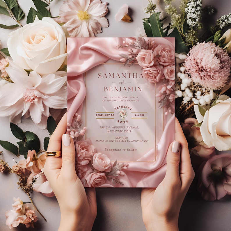 Pink Wedding Invitation Templates, Editable Elegant Floral Wedding ...