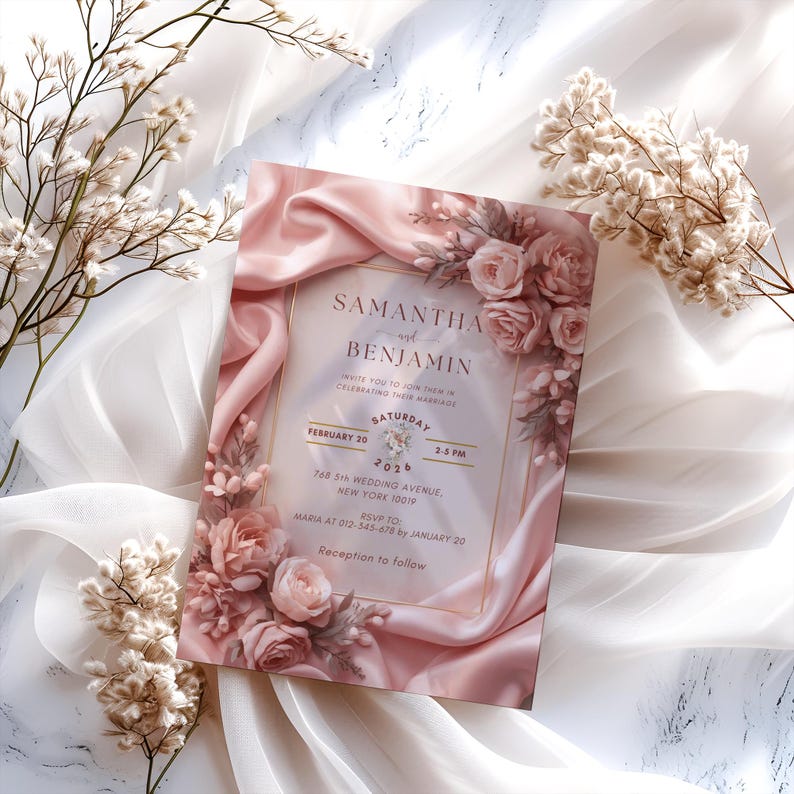 Pink Wedding Invitation Templates, Editable Elegant Floral Wedding ...