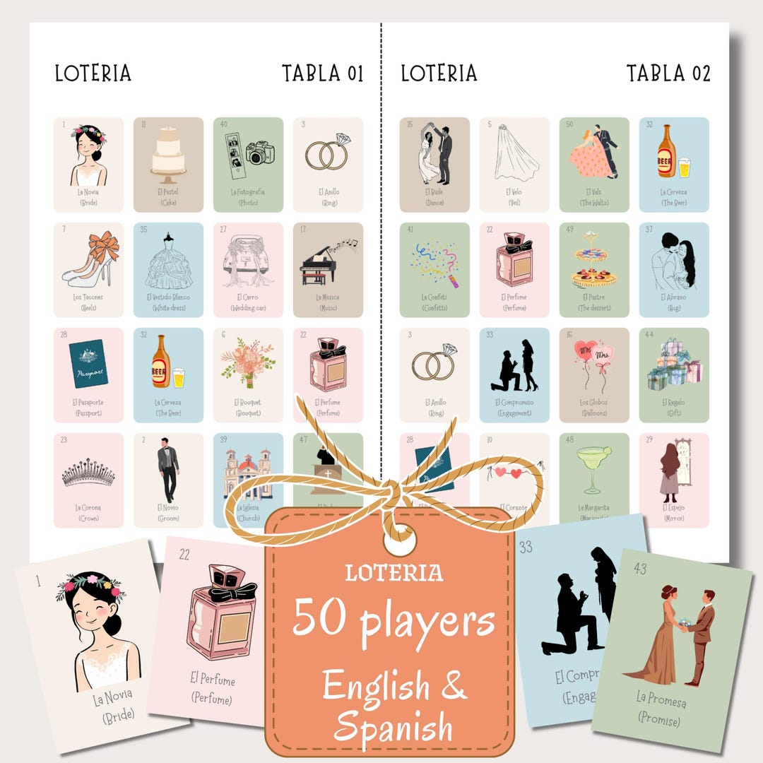 Bridal Shower Loteria, Bilingual Mexican Wedding Loteria Game, Editable ...