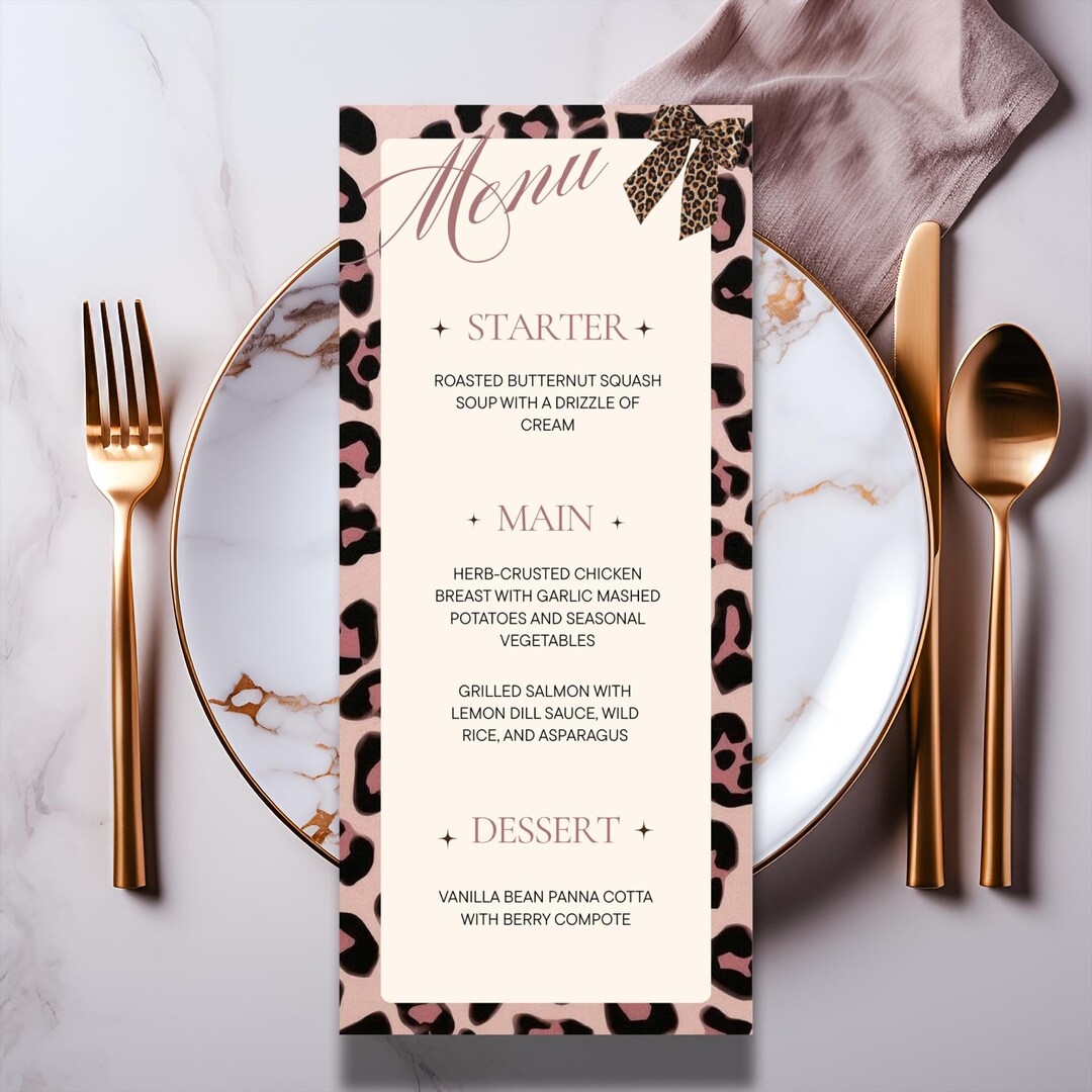 Cheetah Birthday Menu Card, Cheetah Print Editable Canva Template in ...