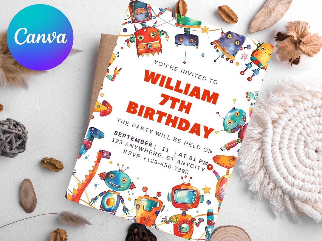 Editable Robot Birthday Invitation Template, Robot Birthday Invitation ...