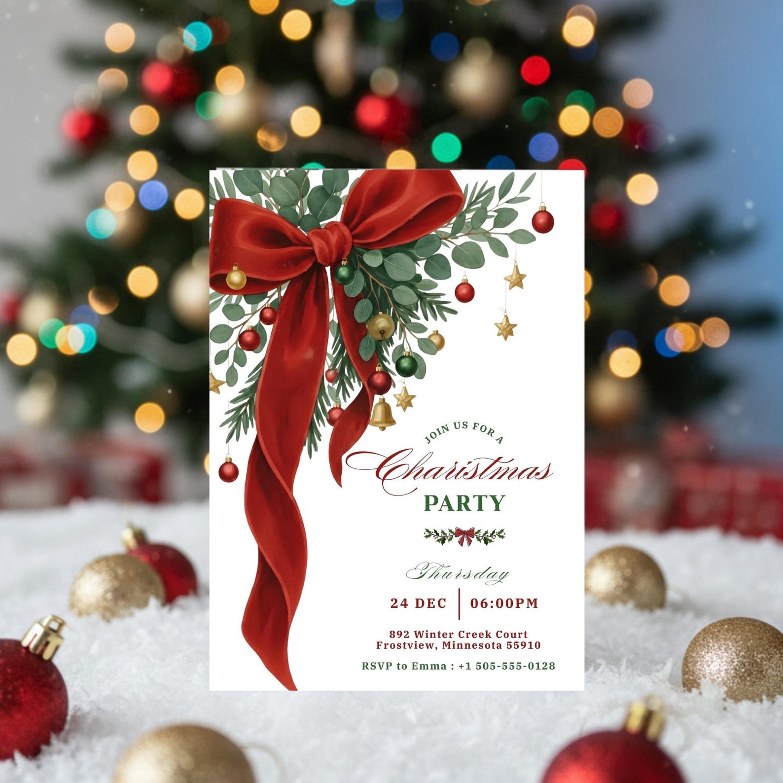 Editable Christmas Invitation Red Bow Christmas Dinner Invitation