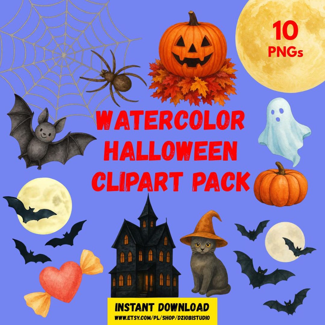 Watercolor Halloween Clipart | Spooky PNG Bundle | Pumpkins, Ghosts ...