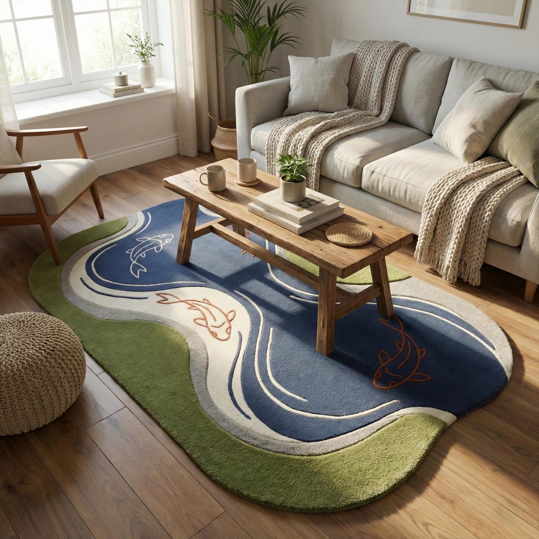 Deep Blue Moss Koi Fish Pond Wool Rug, Irregular Hand Tufted Abstract ...