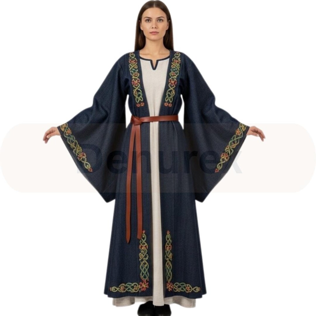 Medieval Denim Robe With Wide Sleeves – Embroidered Fantasy Cosplay ...