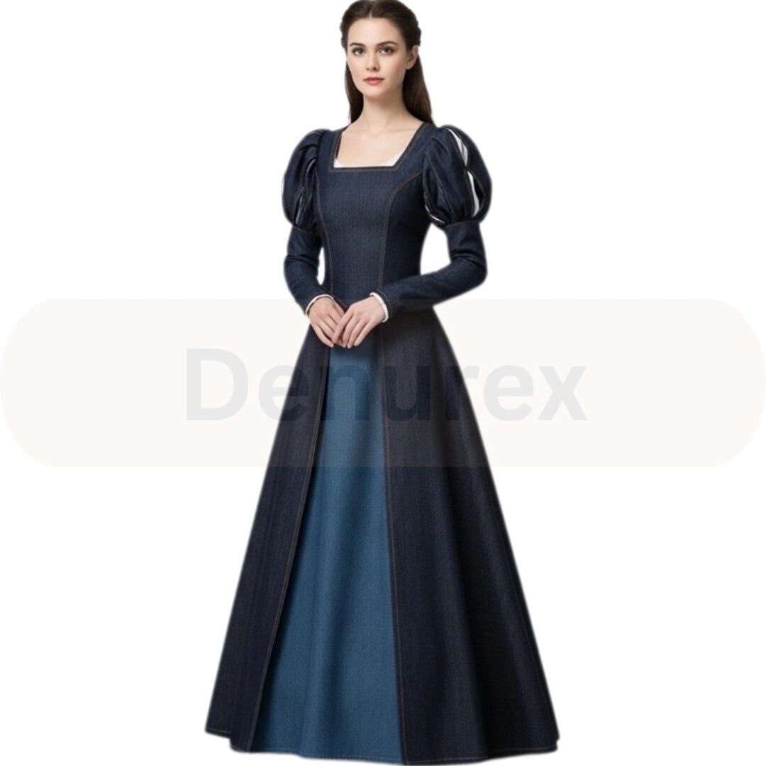 Medieval Denim Puffed Sleeve Renaissance Maxi – Handmade Square Neck ...