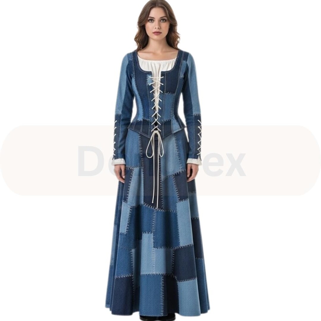 Medieval Patchwork Denim Dress – Vintage Blue Maxi Handmade Lace-up ...