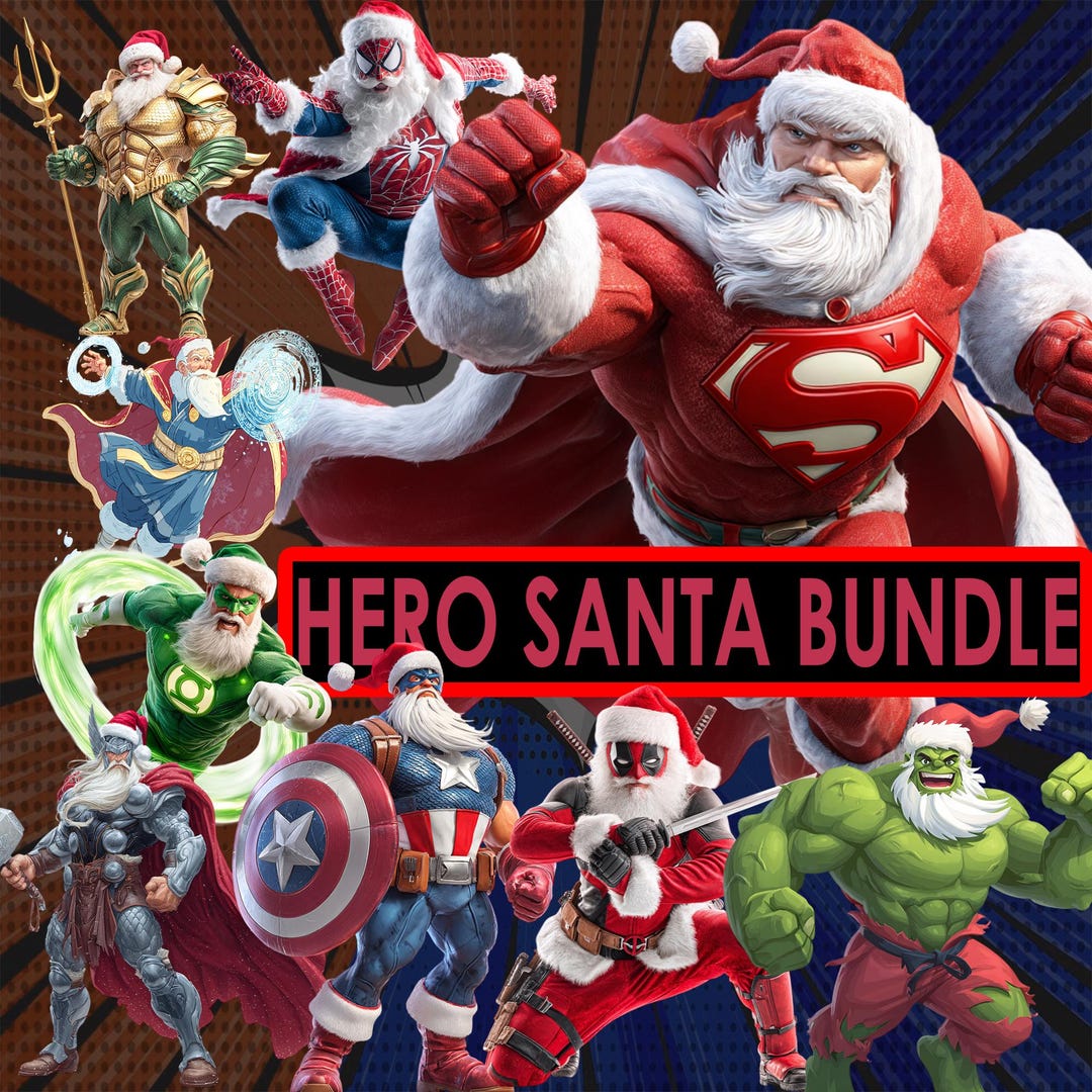 Superhero Santa Character PNG Bundle | Bearded Hero Cartoon Clipart for ...