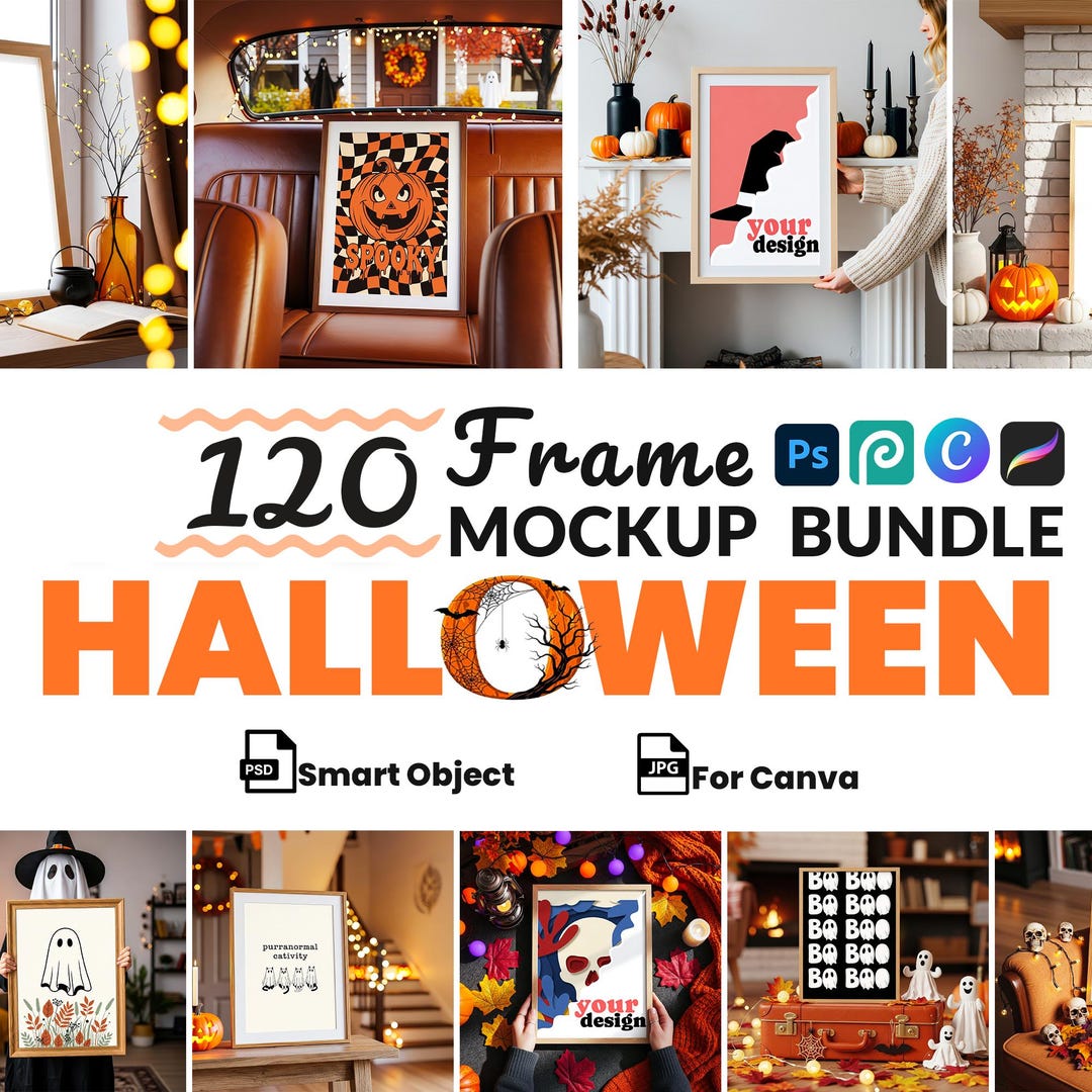 Halloween Frame Mockup Bundle: Spooky Autumn Wall Art Display (PSD ...