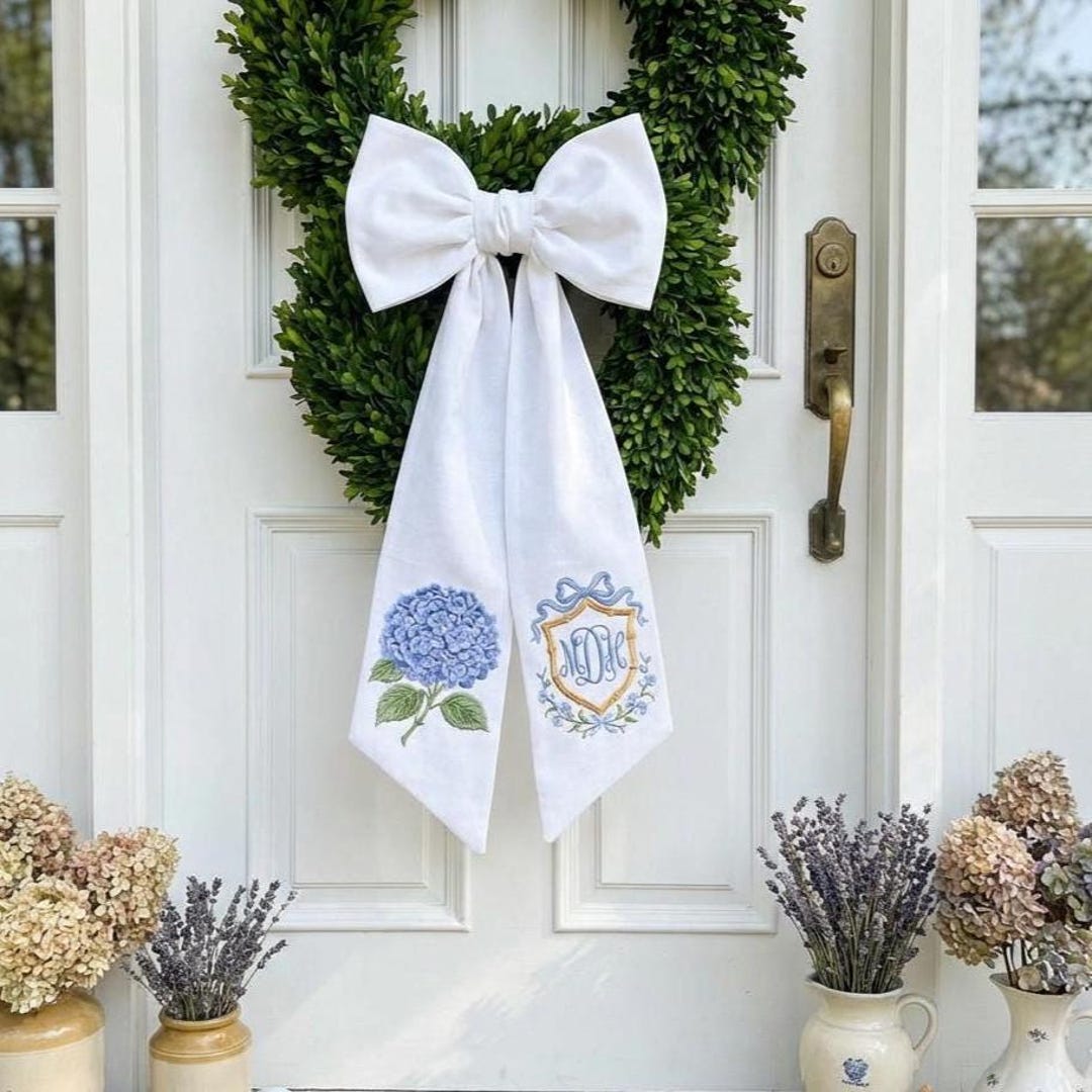 Monogrammed Hydrangea Wreath Sash, Personalized Satin Front Door Bow ...