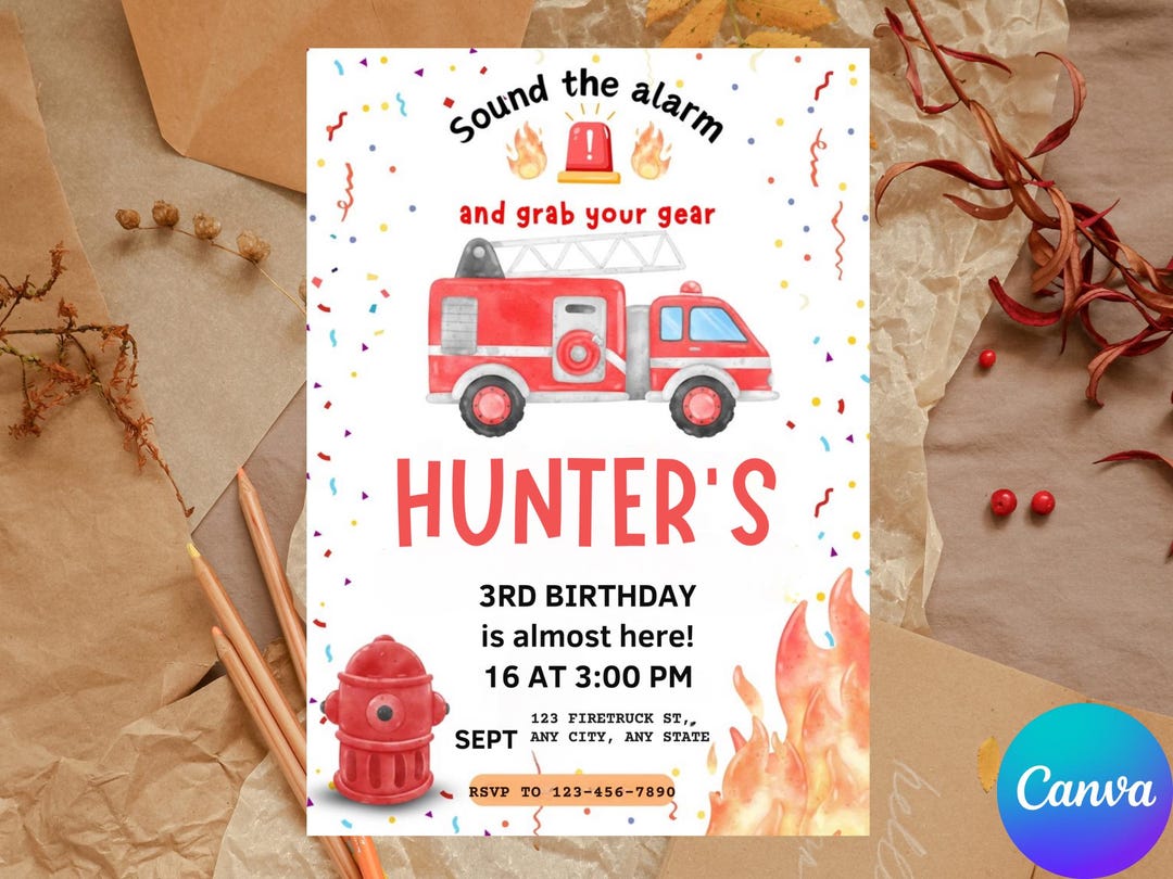 Editable Fire Truck Birthday Invitation Template, Firetruck Invitation ...