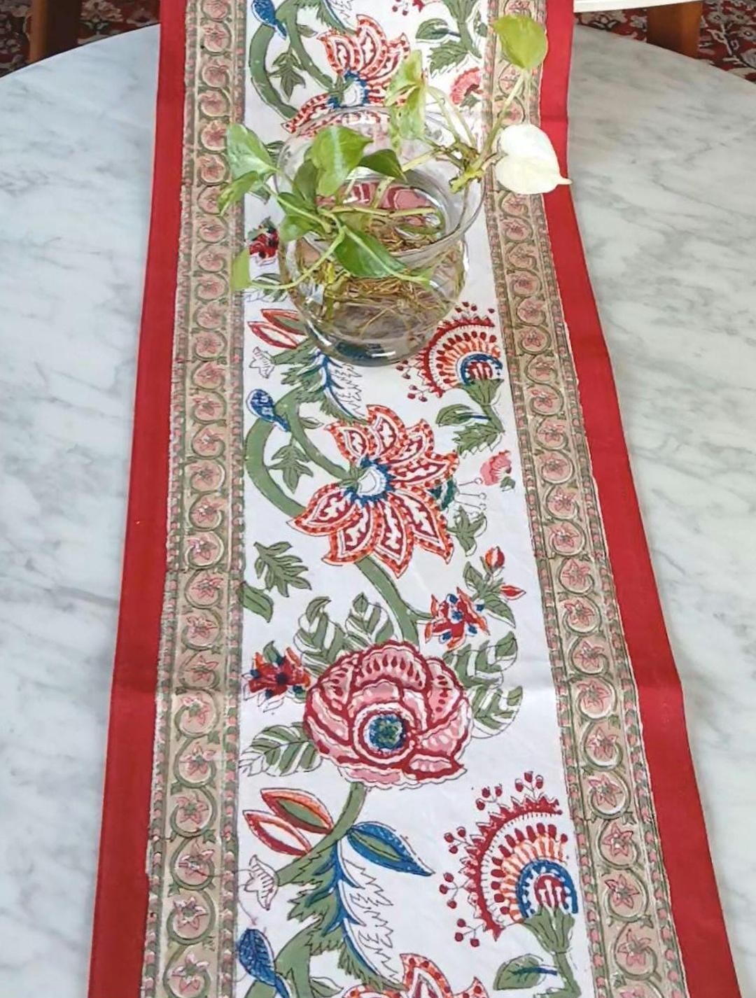 Multi Floral Hand Block Print Cotton Table Runner, Floral Border, Red ...