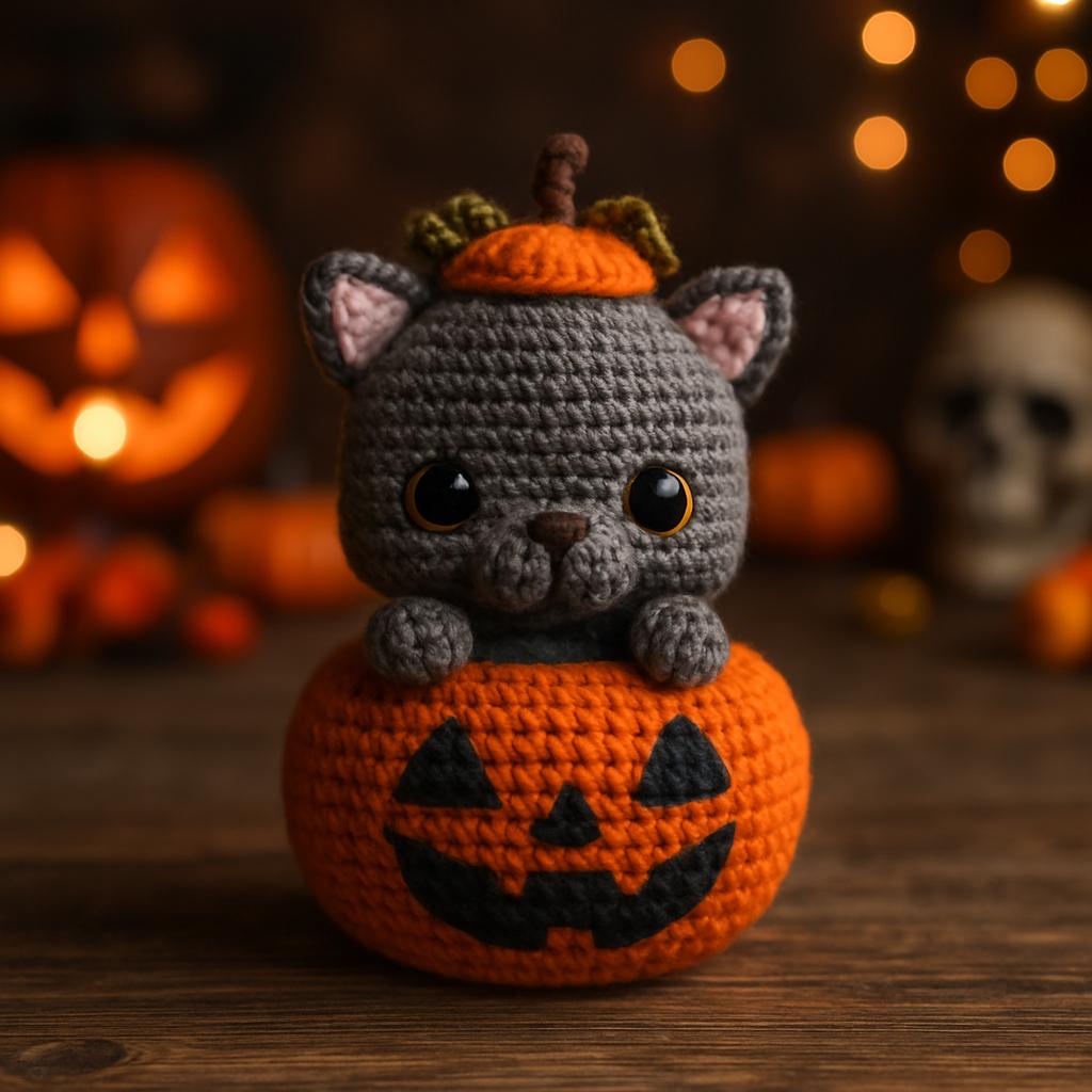 Handmade Halloween Pumpkin Cat Amigurumi Plush - Etsy