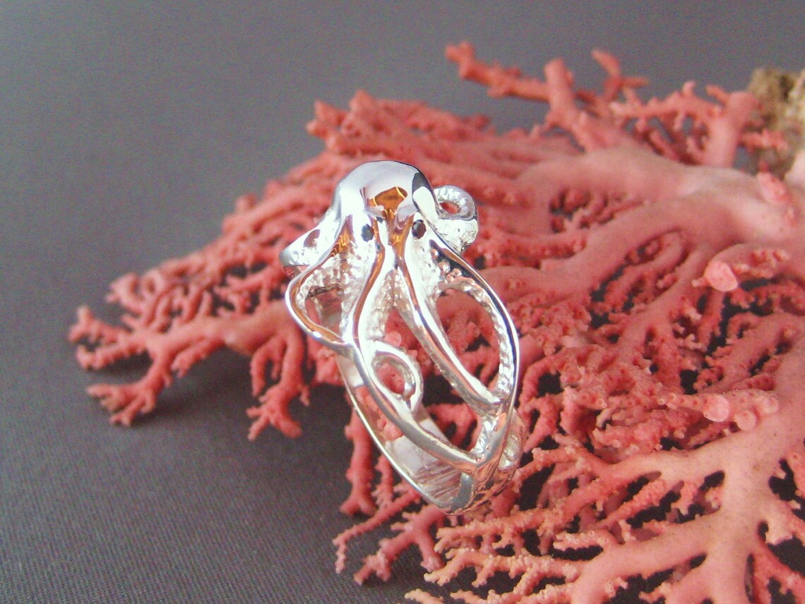 In the Depths/ Octopus Ring in Sterling Silver W/black Diamond Eyes. - Etsy