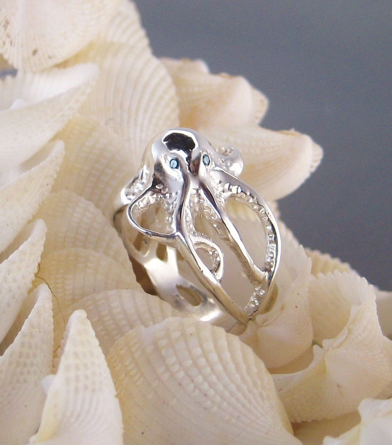 Sterling Silver "octopus" Ring W/blue Diamond "eyes" - Etsy