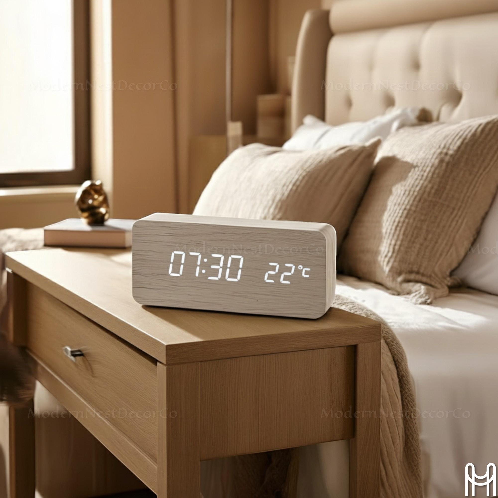 LED Wooden Alarm Clock Digital Desk Clock With Temperature & Humidity ...