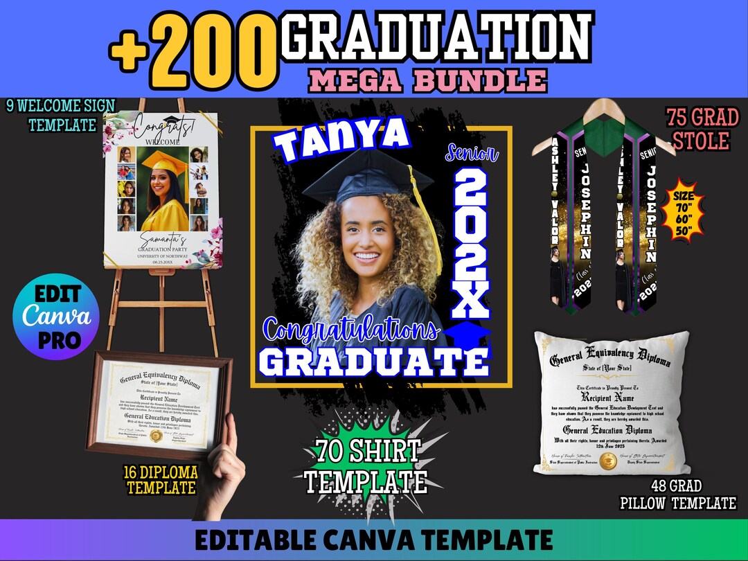 2026 Graduation Shirt Stole Diploma Pillow Canva Mega Bundle Editable ...