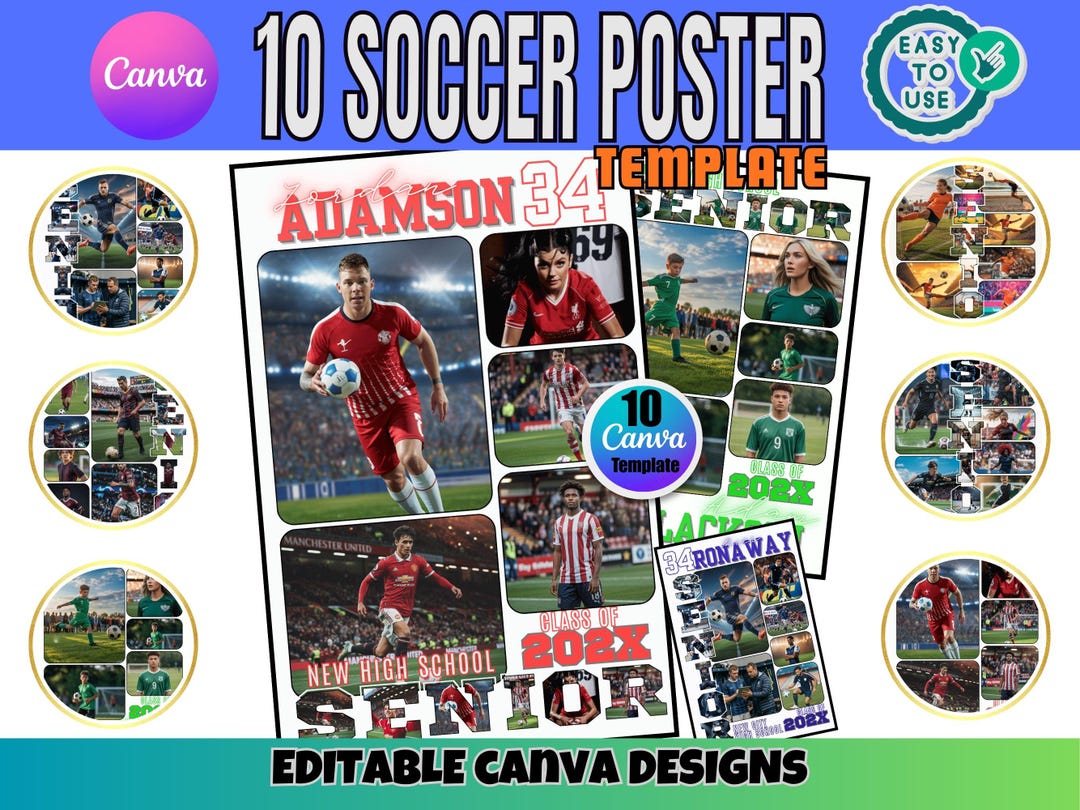 Football Soccer Digital Poster Canva Editable Templates Custom Senior ...