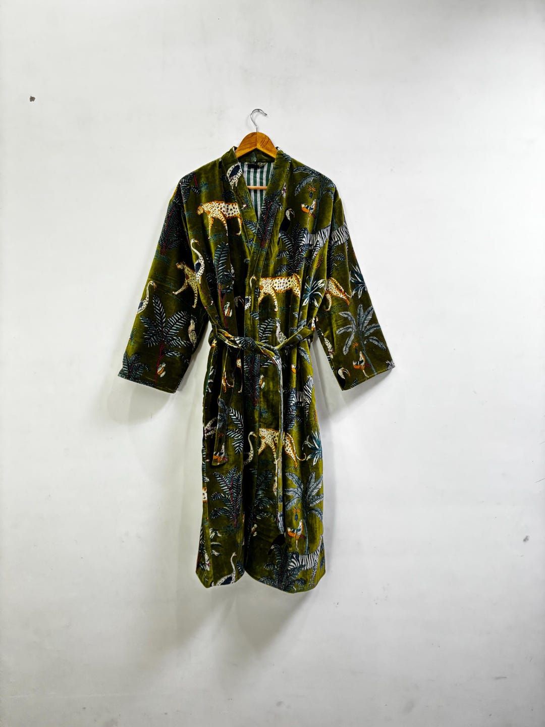 Luxury Green Velvet Robe, Jungle Animal Print Kimono, Leopard & Zebra ...