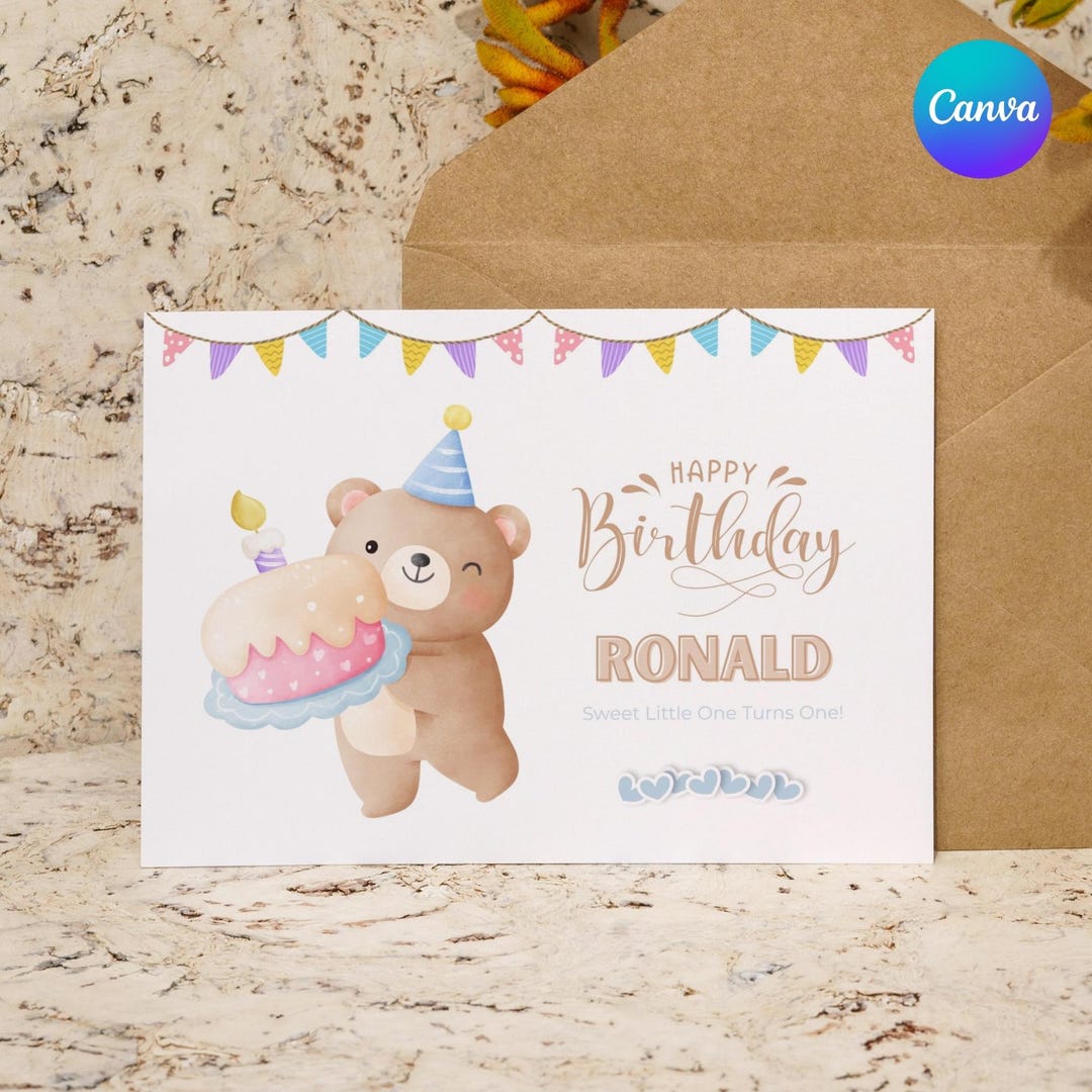 Personalised Bear Birthday Card | Watercolor : Editable Canva Template ...