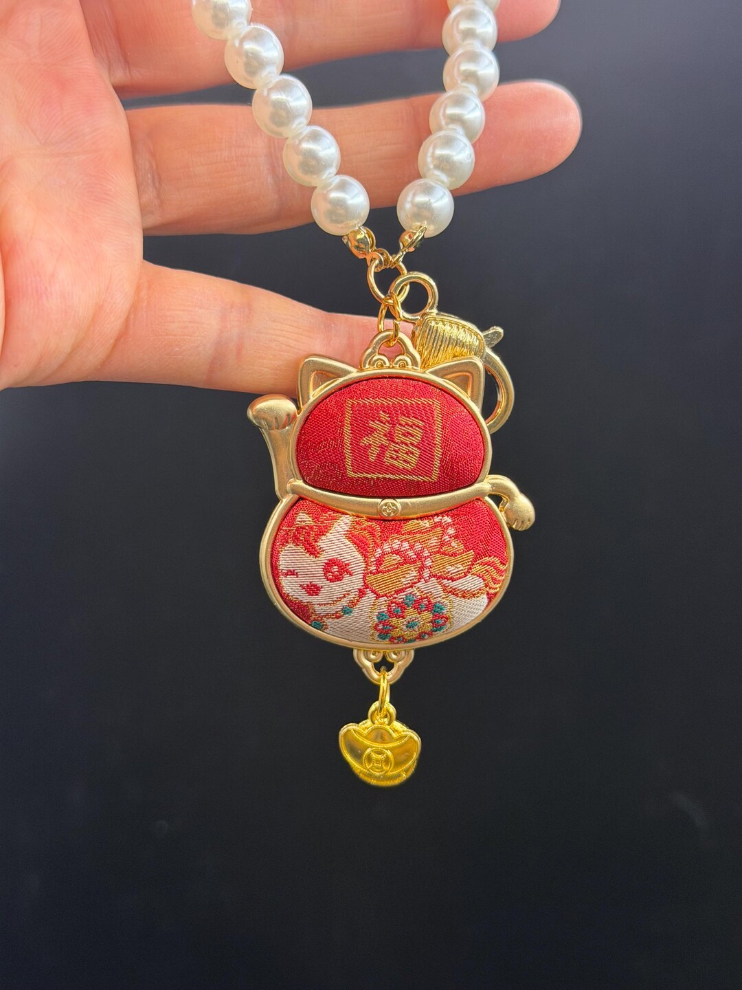 Double-sided Song Brocade Maneki-neko Charm | Lucky Pearl Beaded Bag ...