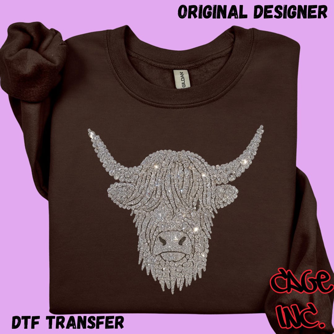 020- Faux Rhinestone Highland Cow Sparkle Effect Design DTF Transfer ...