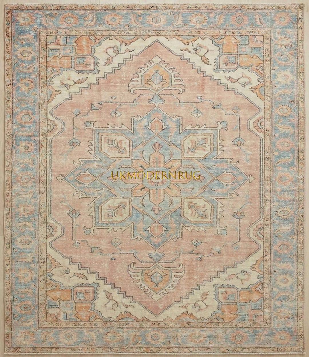 Vintage Oushak Rug, Muted Pink & Blue Area Rug, Turkish Style Carpet ...