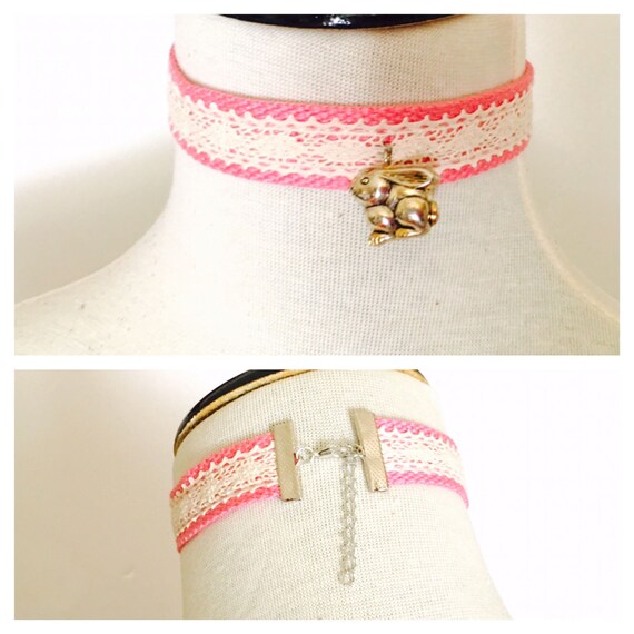 Items Similar To 90s Pink Lace Choker Silver Bunny Pendant Dainty