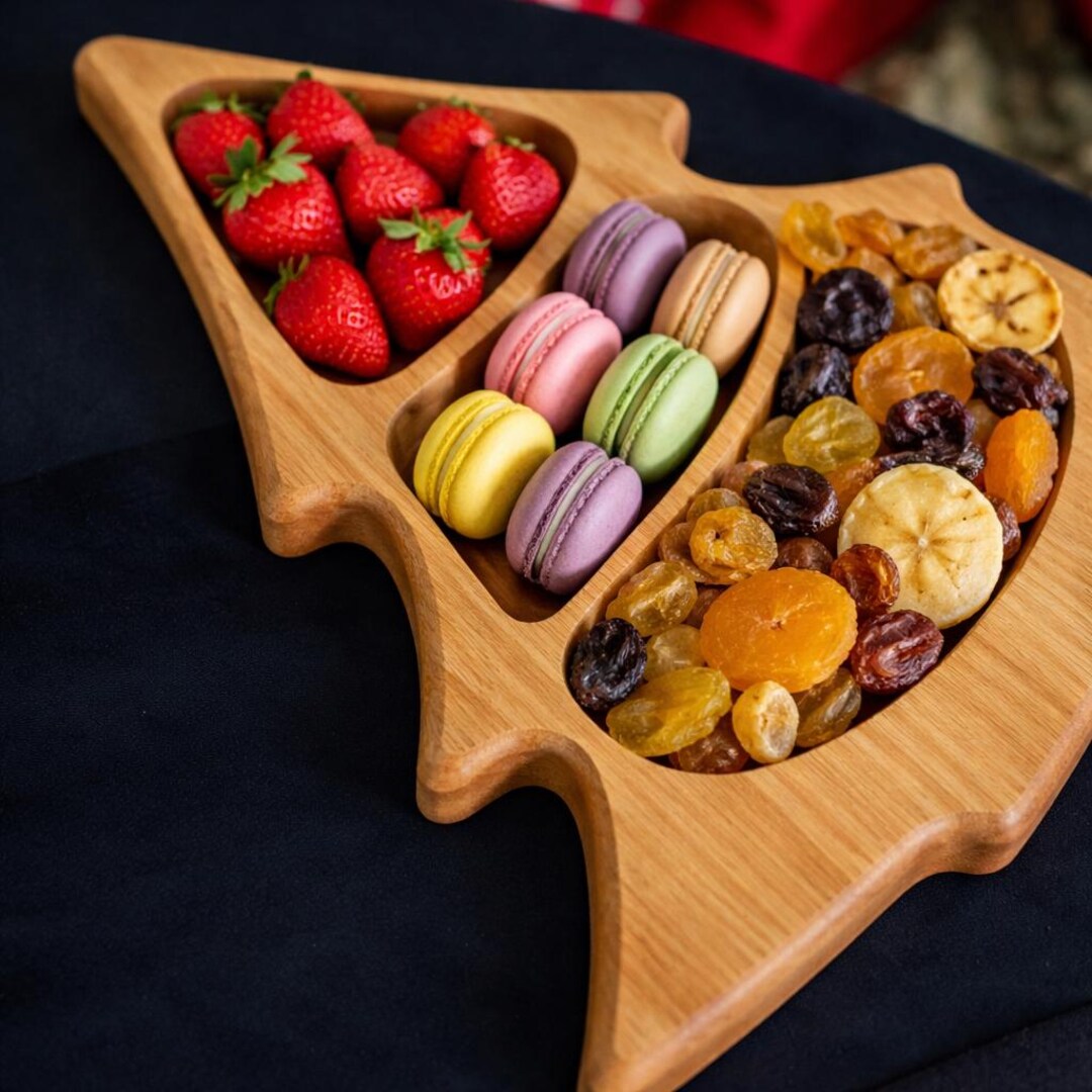 Tree Shaped Wooden Snack Tray With 3 Sections | Oak Serving Plate 25x24 ...