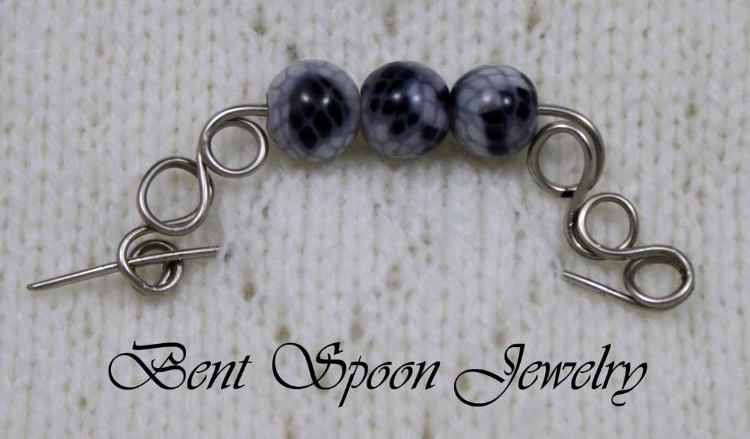 Silver Black Lace Agate Beaded Shawl Pin, Fibula, Scarf Pin, Shrug Pin ...