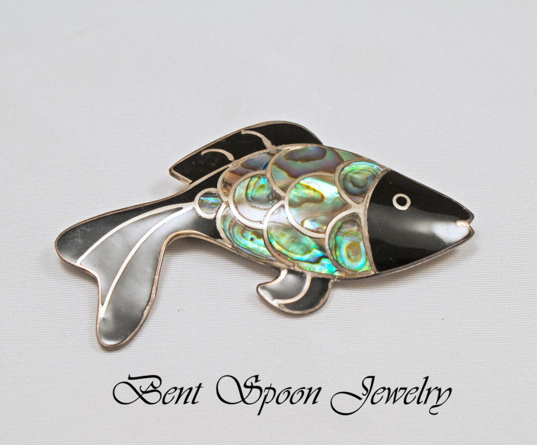 Sterling Silver Abalone and Enamel Fish Pin, Brooch, Lapel Pin, - Etsy