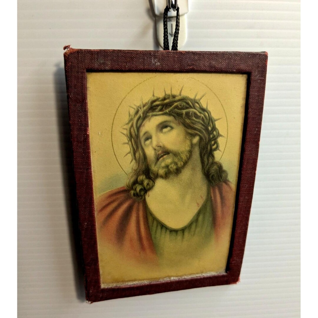 Vtg. Jesus Christ Portrait Print in Maroon Fabric Frame Wall Hanging ...