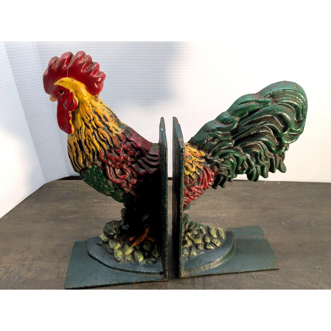 Vtg. Hand Painted Cast Iron Rooster Bookends/ Doorstop Farmhouse Rustic ...