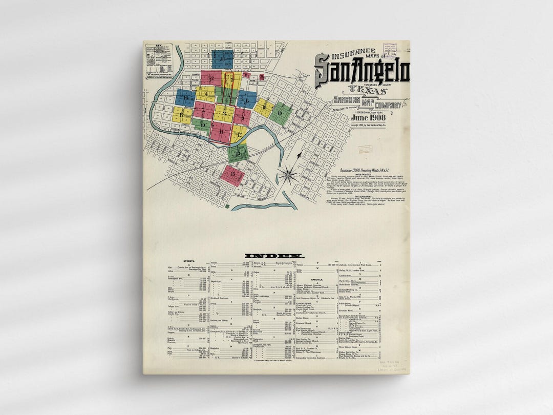 San Angelo Texas 1908 Sanborn Map | Historic Canvas Wall Art or Framed ...