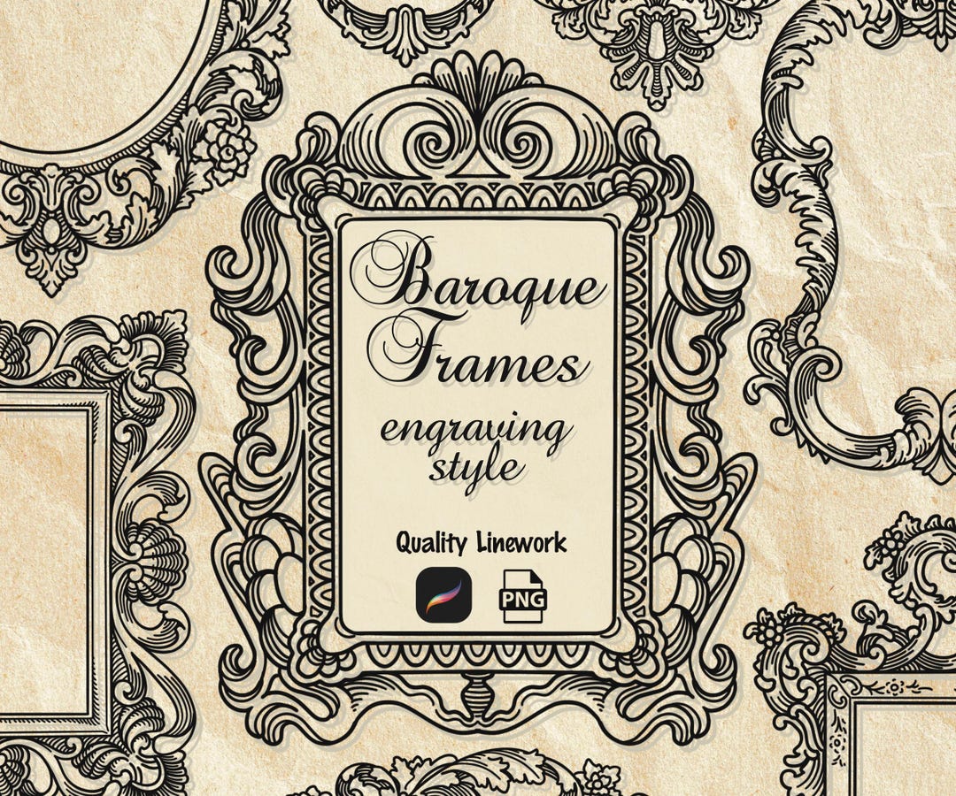 8 Baroque Style Frames: Hand-drawn Procreate Brushes + PNG (digital ...