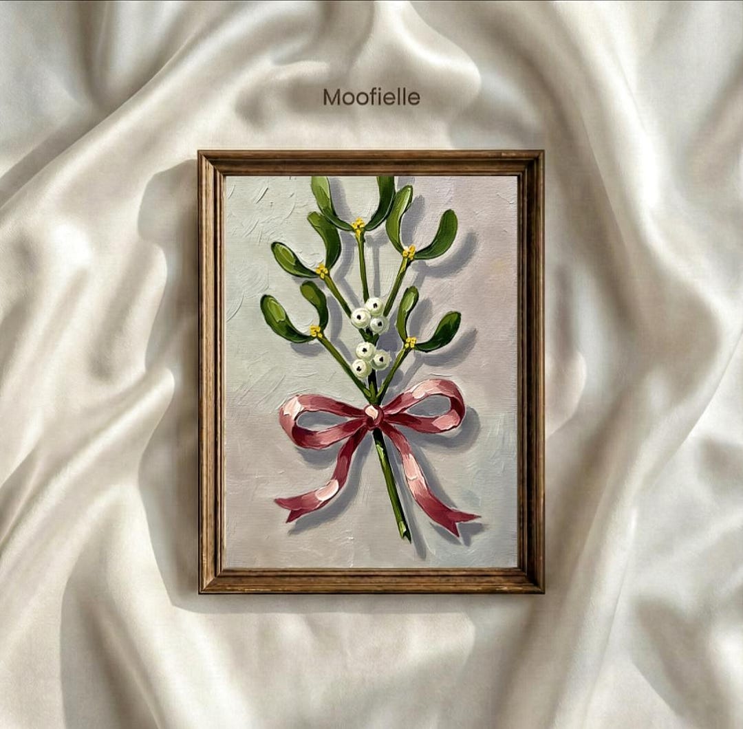 Vintage Mistletoe Print, Textured Oil Painting, Christmas Wall Art ...