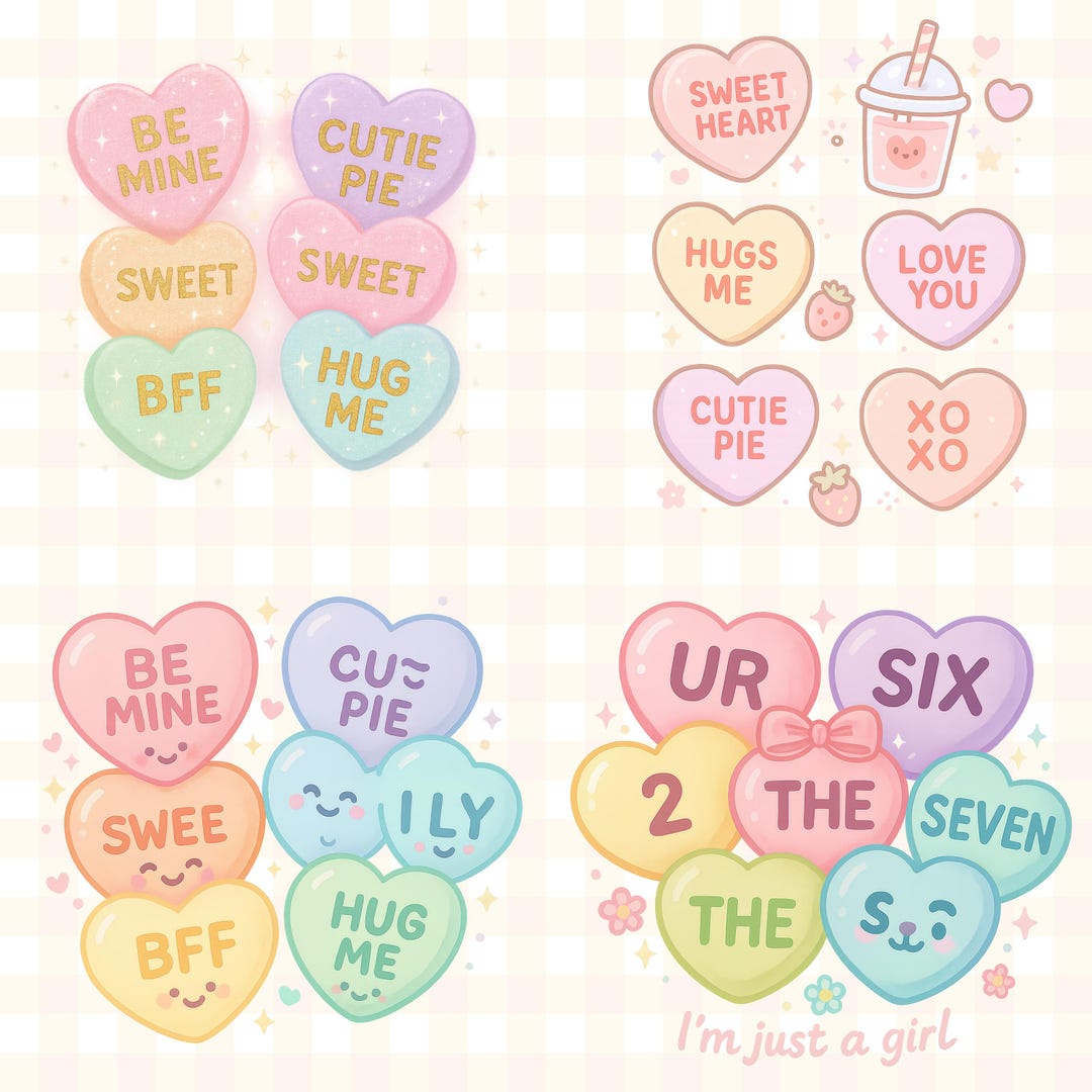 Pastel Conversation Hearts PNG Bundle for Sublimation, Valentine Candy ...