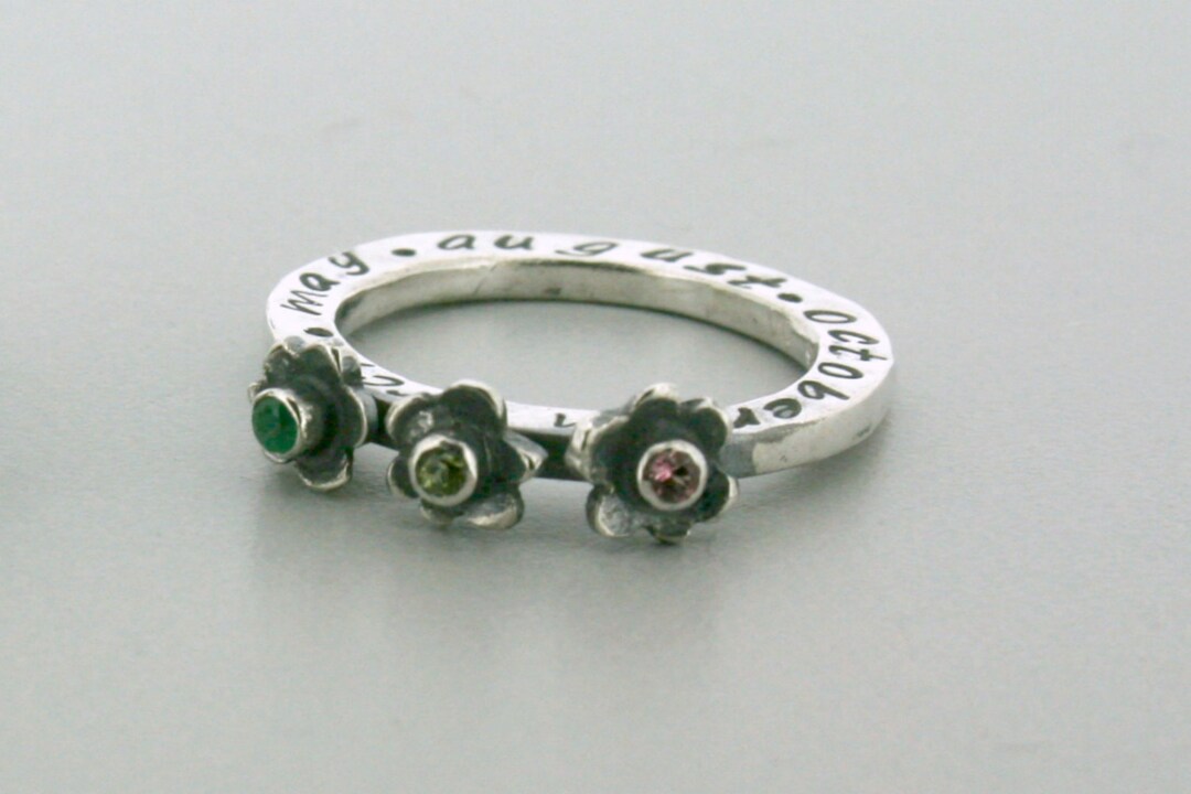 Silver Flower Ring - Birthstone Flower Ring - Stackable Flower Band ...