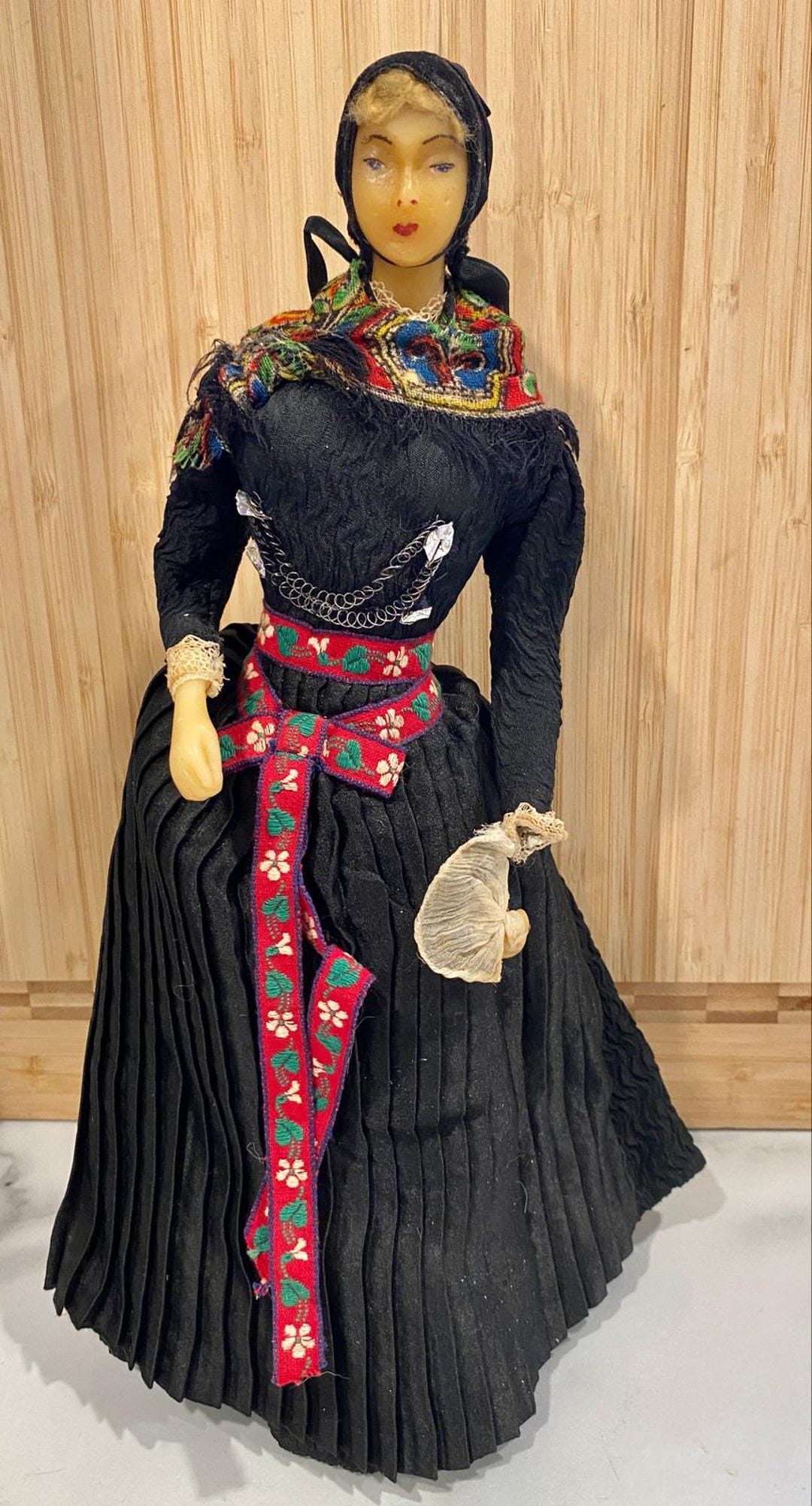 Antique 1850s European Poured Wax Folk Doll 12.5" W/ Steel Base See ...