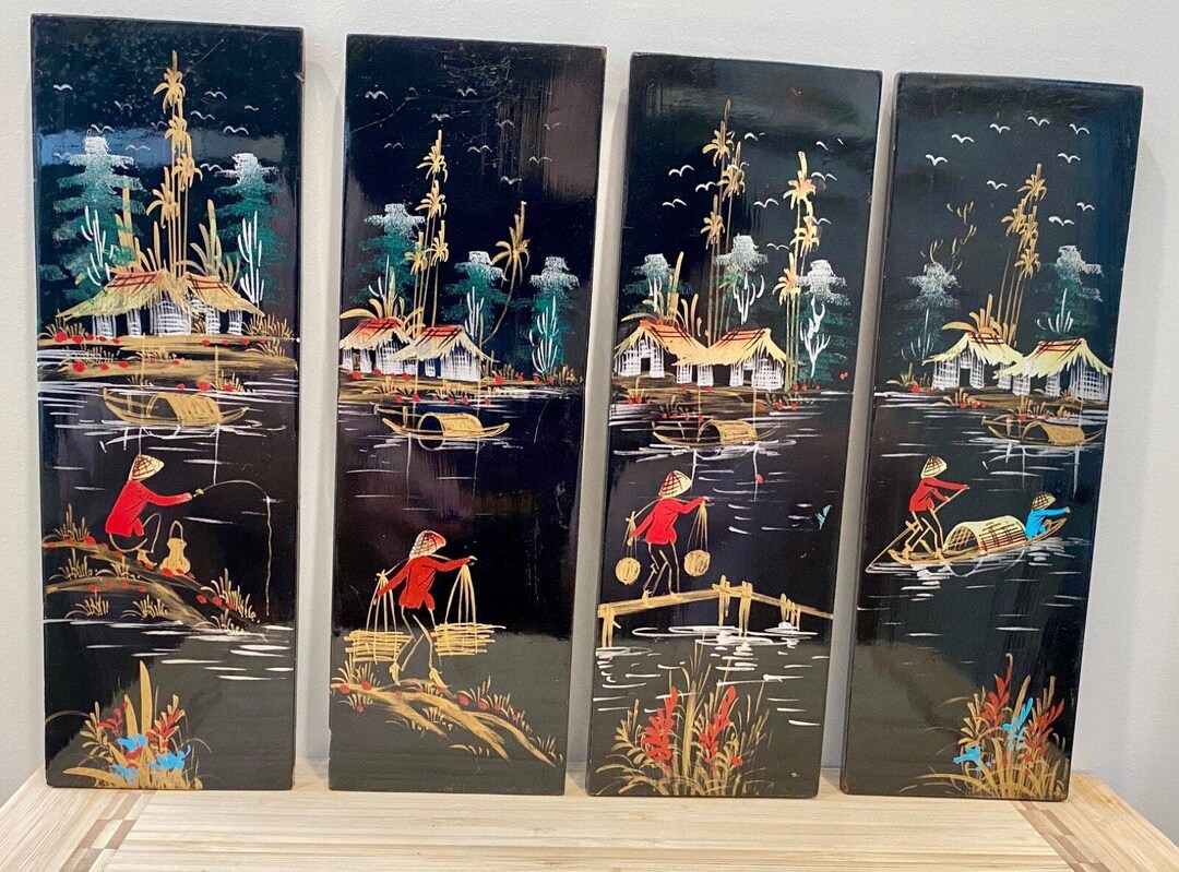 4 Vintage Asian - Vietnamese Hand Painted Black Lacquer Wall Art Plaque ...