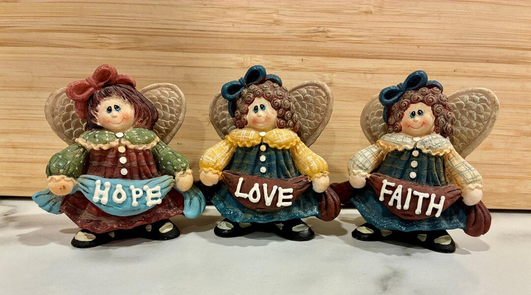 Vintage 1990s Hand Painted Resin Angels of Virtue Figurines Hope Faith ...
