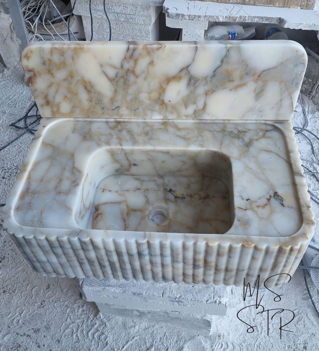 Calacatta Gold Marble Vanity Sink – Fluted Stone Basin, Modern Luxury ...