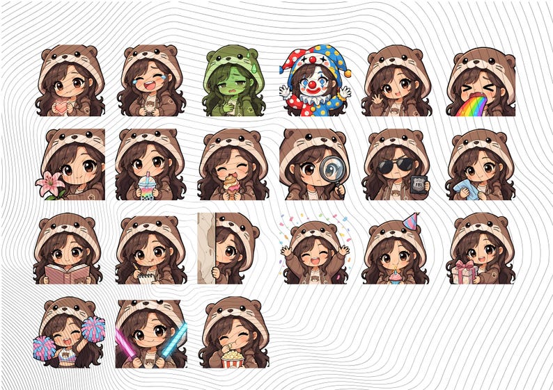 Brown Otter Girl Emotes Pack 45, Chibi Kawaii Otter Woman PNG for ...