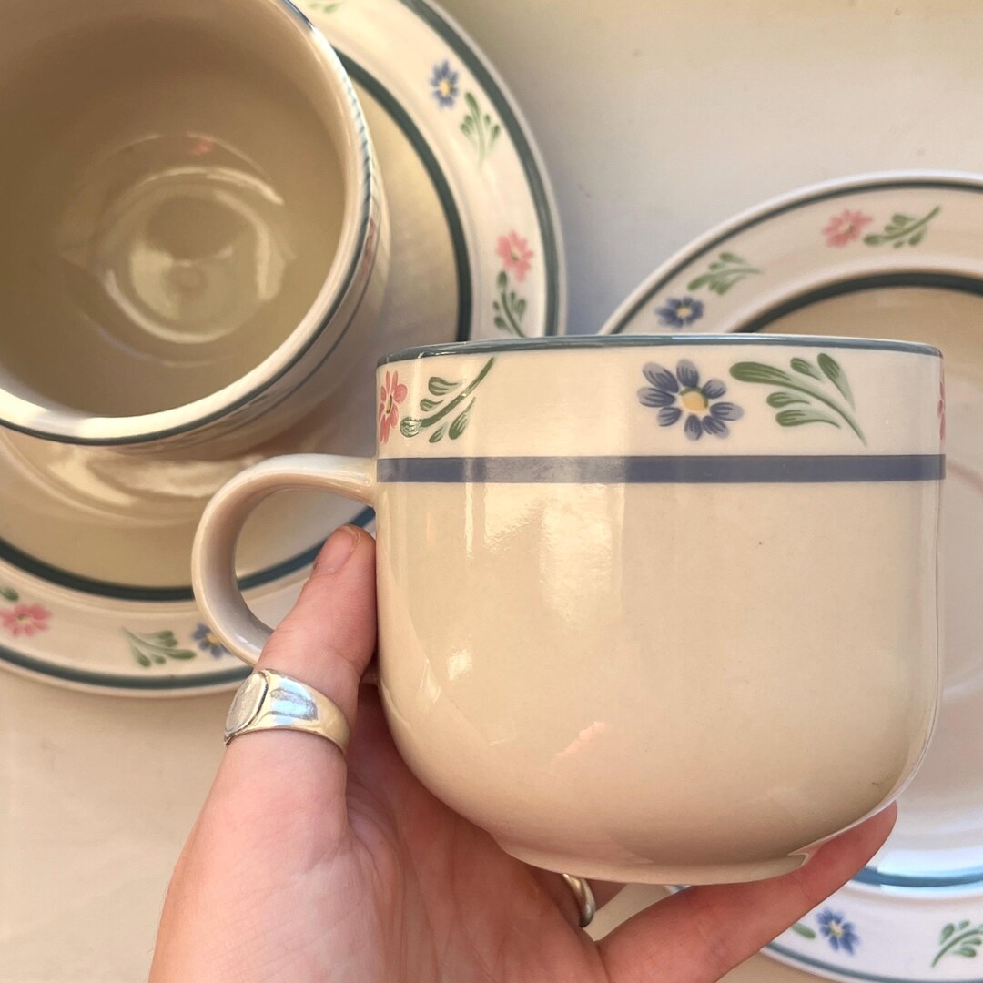 Adorable Retro 60’s Cream Tea Cup and Saucer Set With Pink and Blue ...