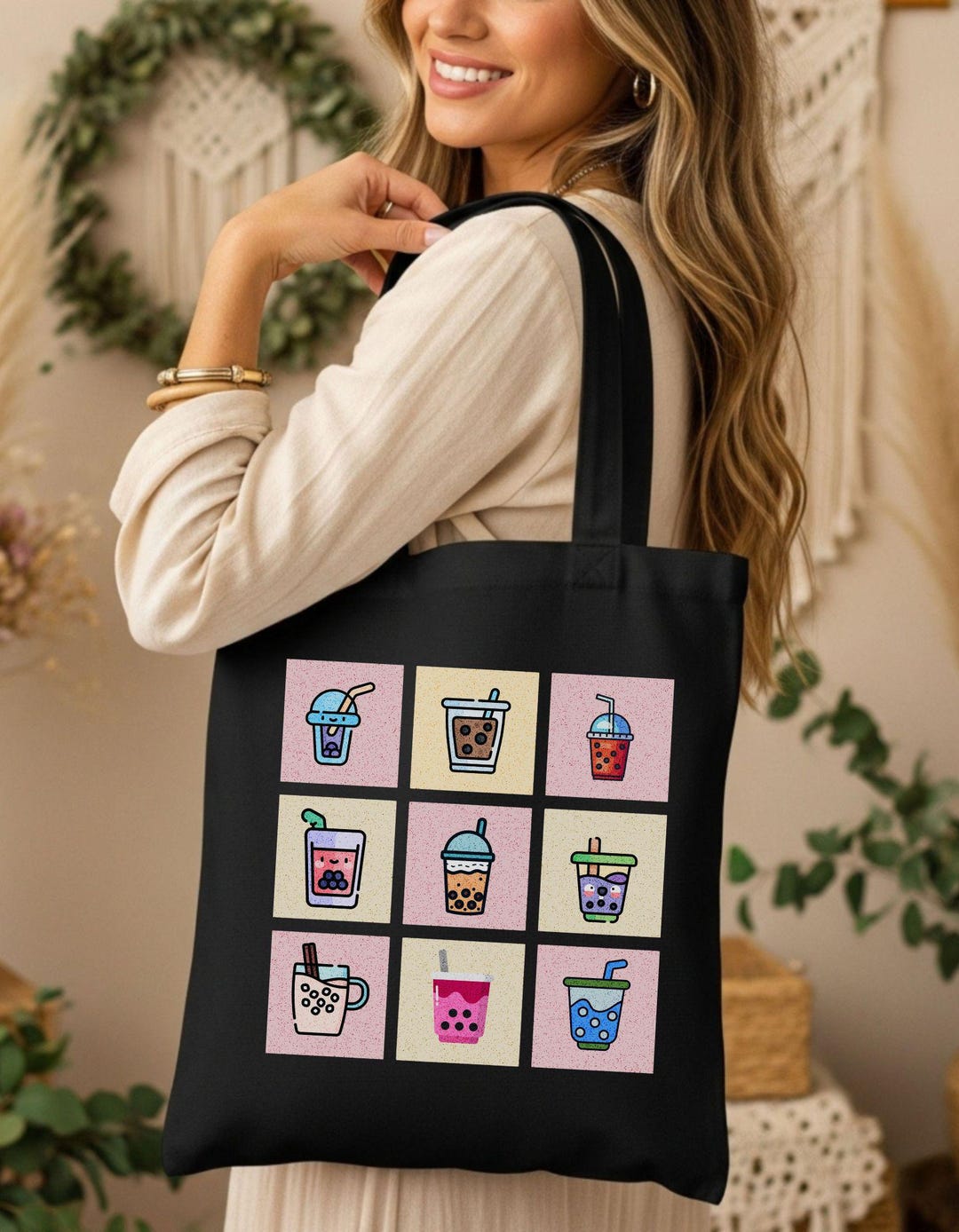 Boba Tea Tote Bag: Colorful Bubble Tea Grid Design - Etsy