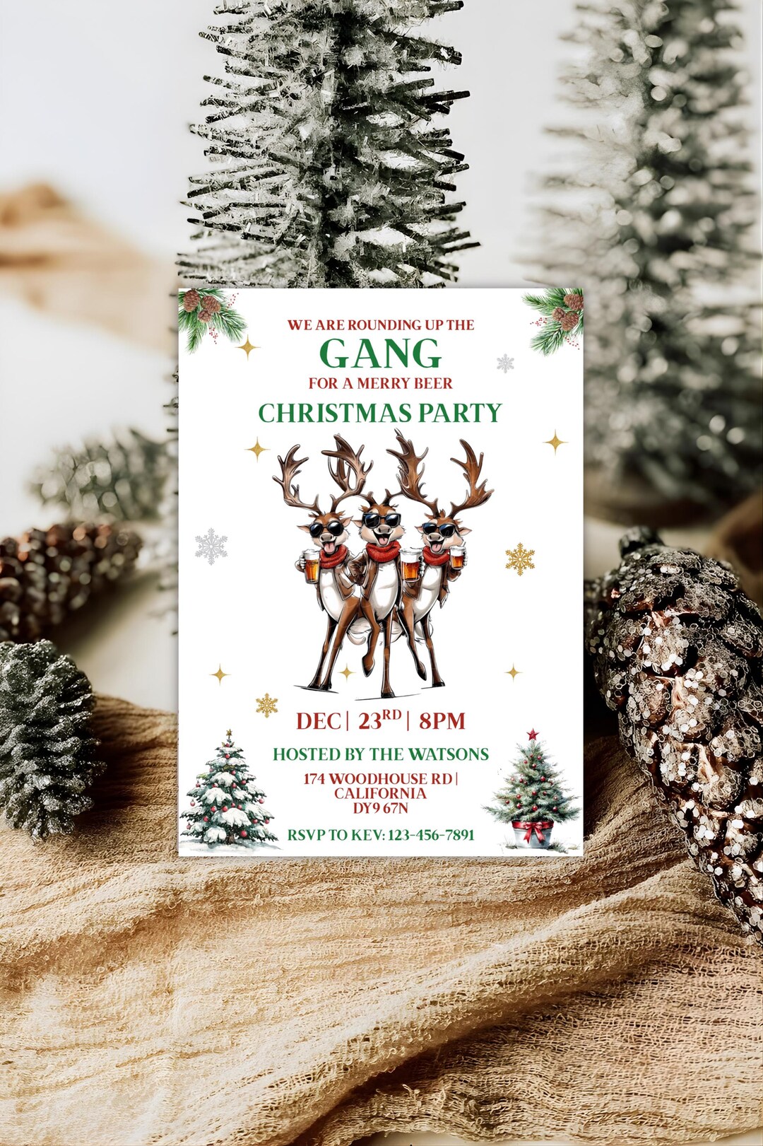 Editable Reindeer Beer Christmas Party Invitation Template (5x7) (canva ...