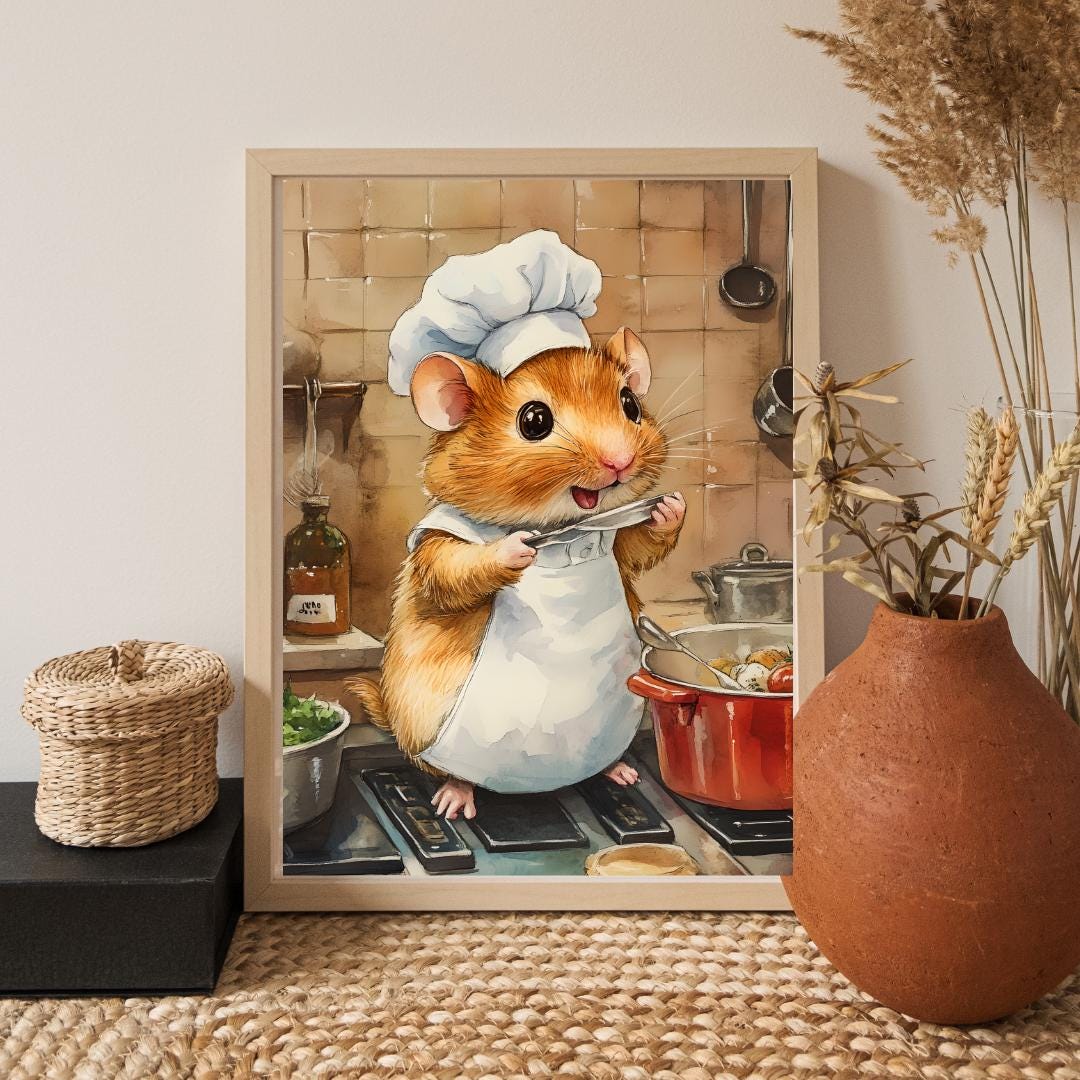Hamster Chef Watercolor Print: Funny Kitchen Animal Art (digital ...