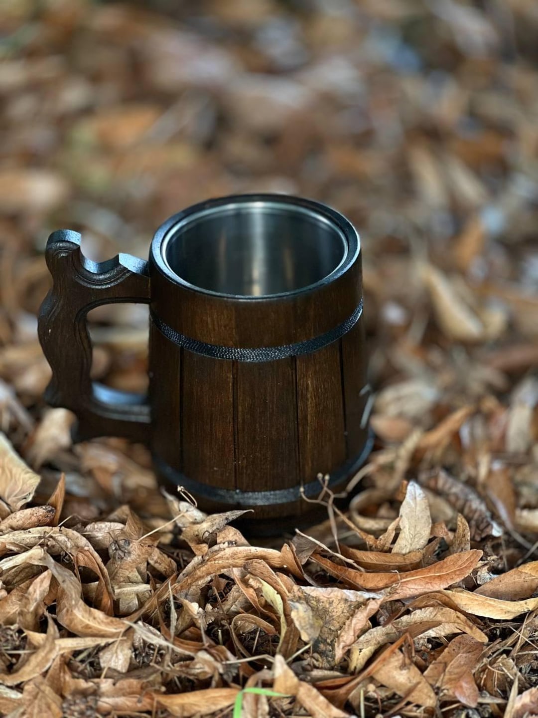 Handmade Wooden Stein With Metal Insert. Holds 600ml (20oz). Dark Brown ...