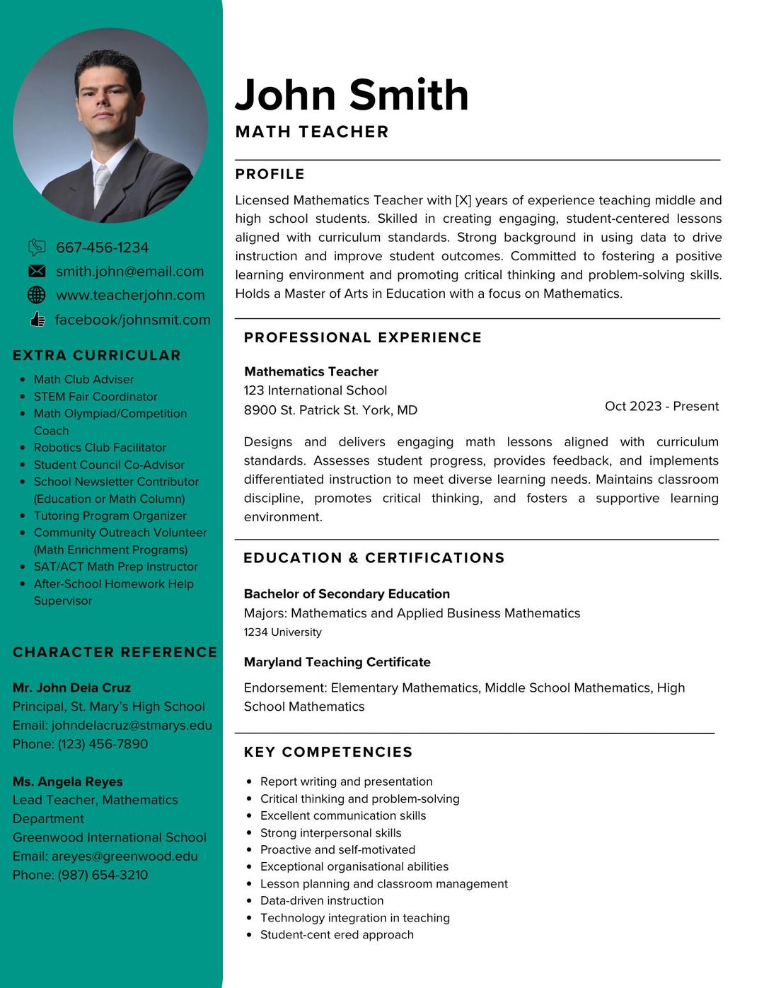 Editable Teacher Resume Template | Professional CV for Educators ...