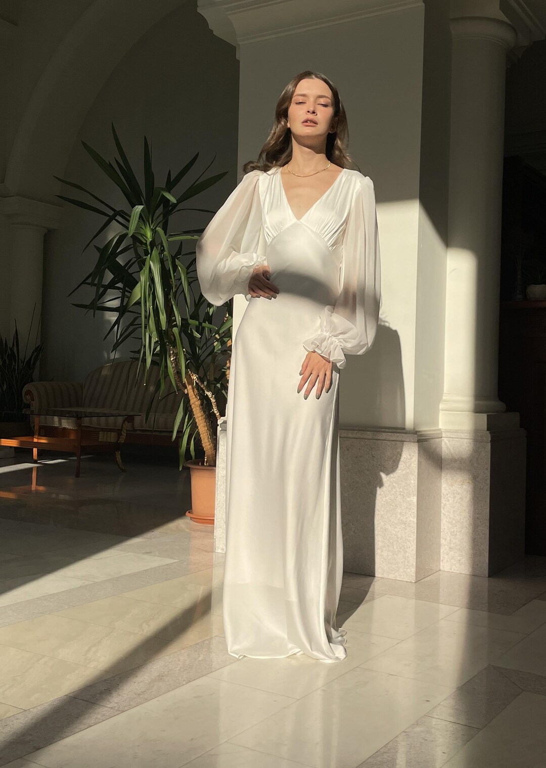 Modest Wedding Dress With Long Chiffon Sleeves, Simple Cottagecore ...